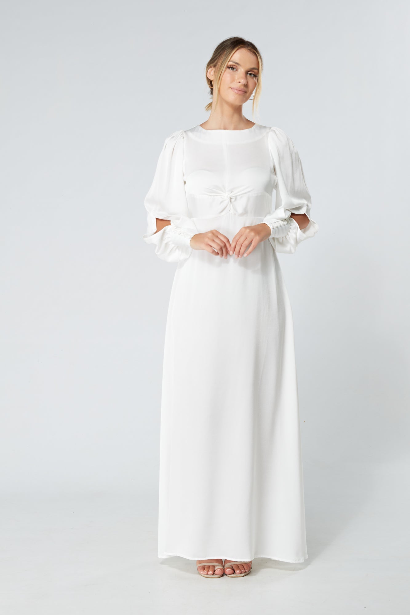 Lila White Knotted Front Soft Crepe Maxi Dress - TAHLIRA