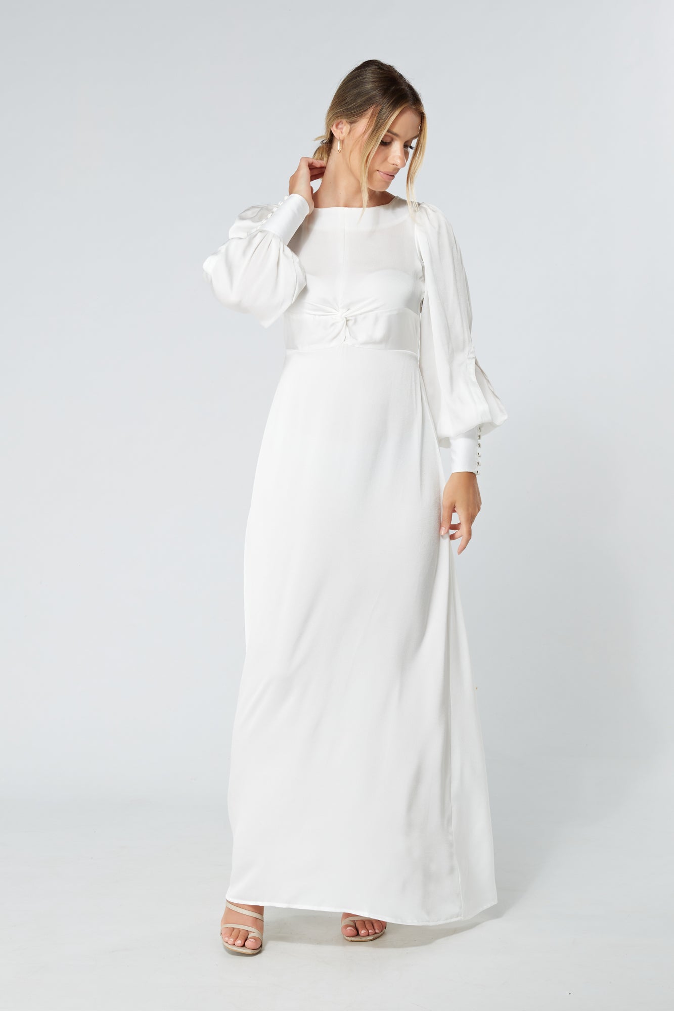 Lila White Knotted Front Soft Crepe Maxi Dress - TAHLIRA