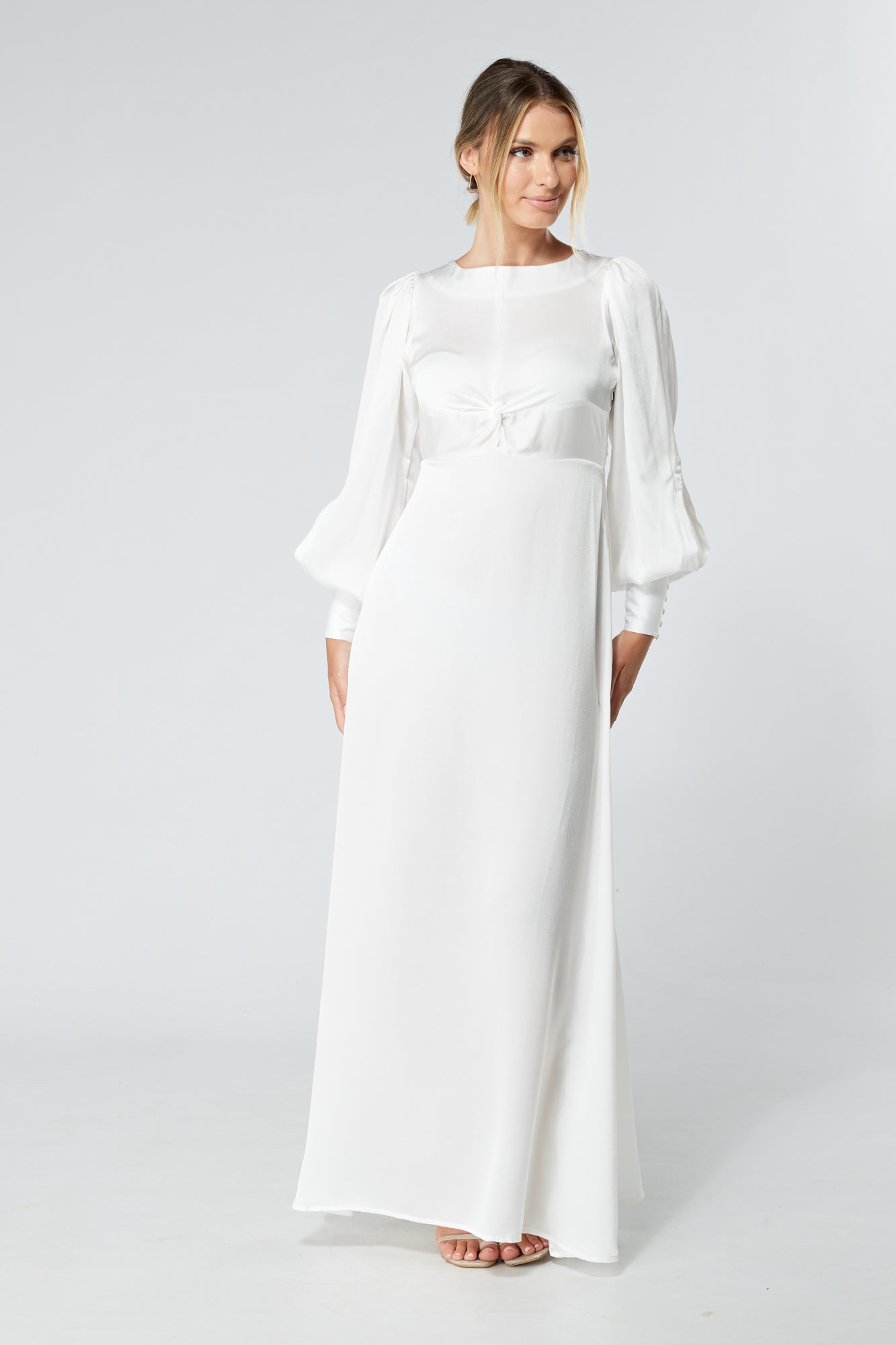 Lila White Knotted Front Soft Crepe Maxi Dress - TAHLIRA